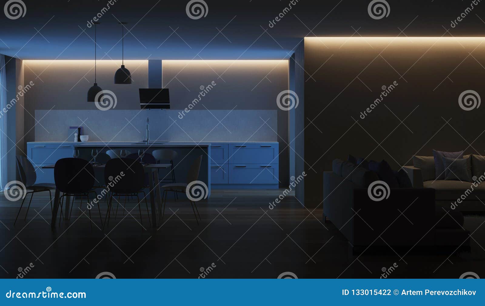 Modern House Interior. Blue Kitchen. Night. Evening Lighting Stock ...