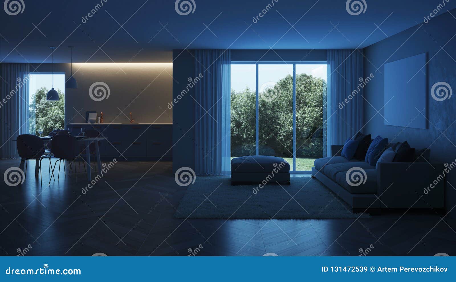 Modern House Interior. Blue Kitchen. Night Stock Illustration ...