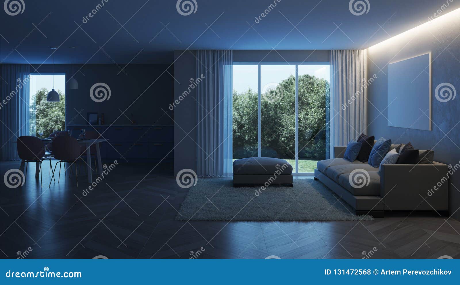 Modern House Interior. Blue Kitchen. Night Stock Illustration ...