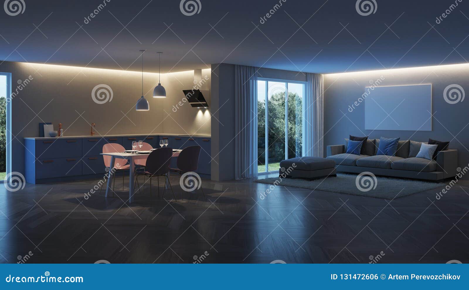 Modern House Interior. Blue Kitchen. Night Stock Illustration ...