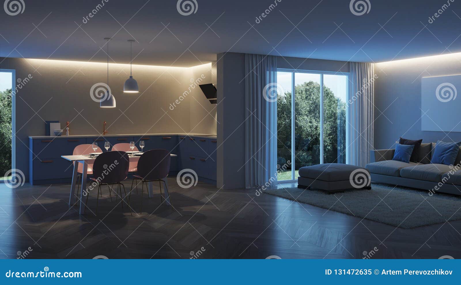 Modern House Interior. Blue Kitchen. Night Stock Illustration ...