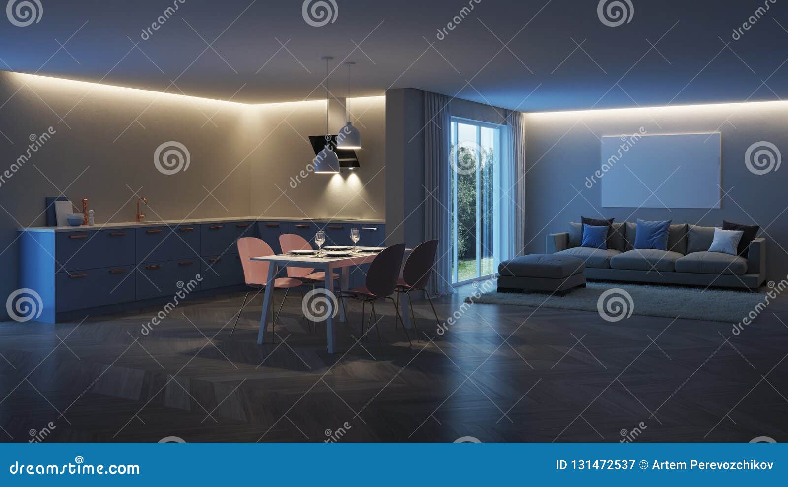 Modern House Interior. Blue Kitchen. Night Stock Illustration ...