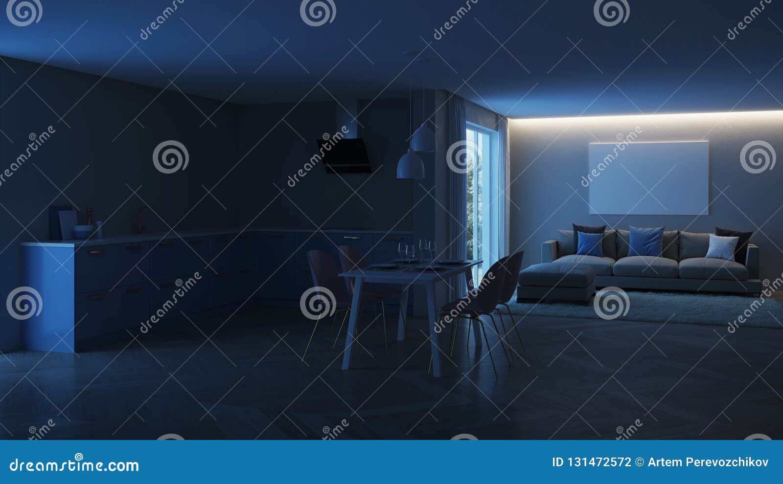 Modern House Interior. Blue Kitchen. Night Stock Illustration ...