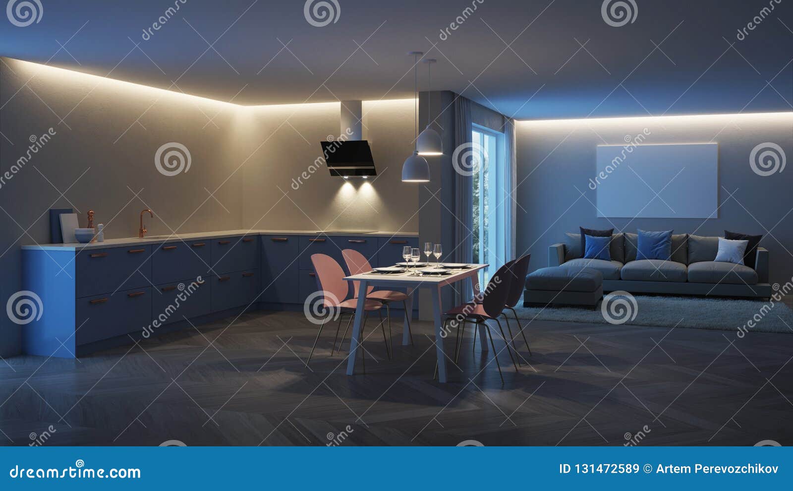 Modern House Interior. Blue Kitchen. Night Stock Illustration ...