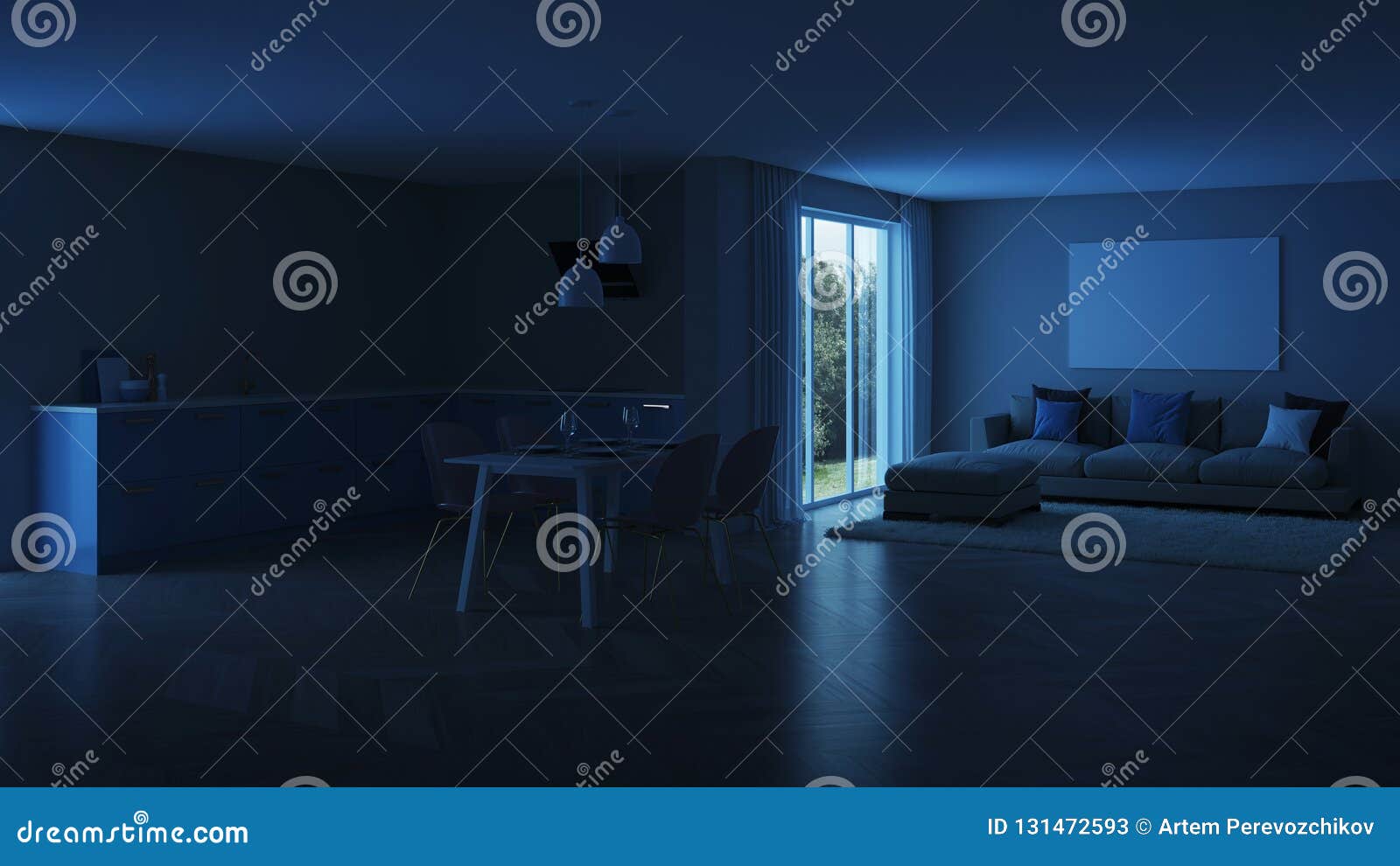 Modern House Interior. Blue Kitchen. Night Stock Illustration ...