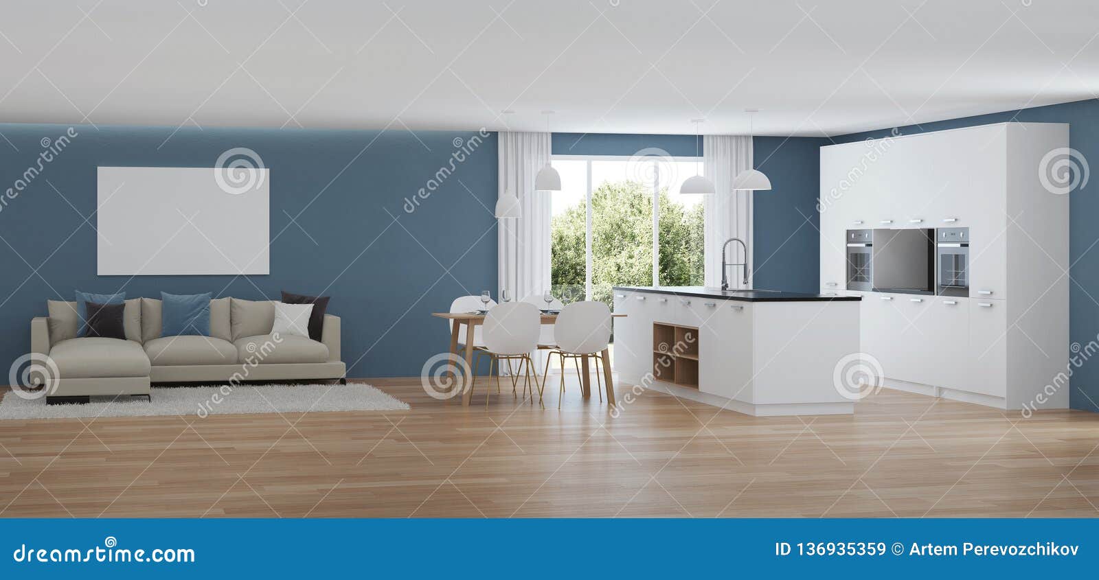 Modern House Interior. Interior with Blue Walls Stock Image - Image of ...