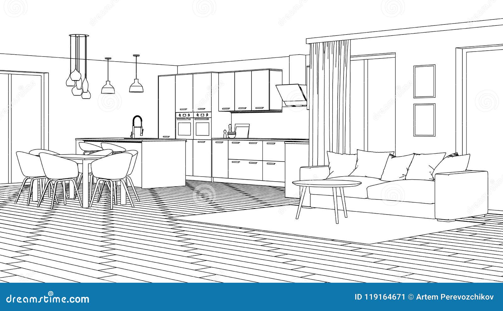 Modern House Interior. Design Project. Sketch Stock Illustration ...