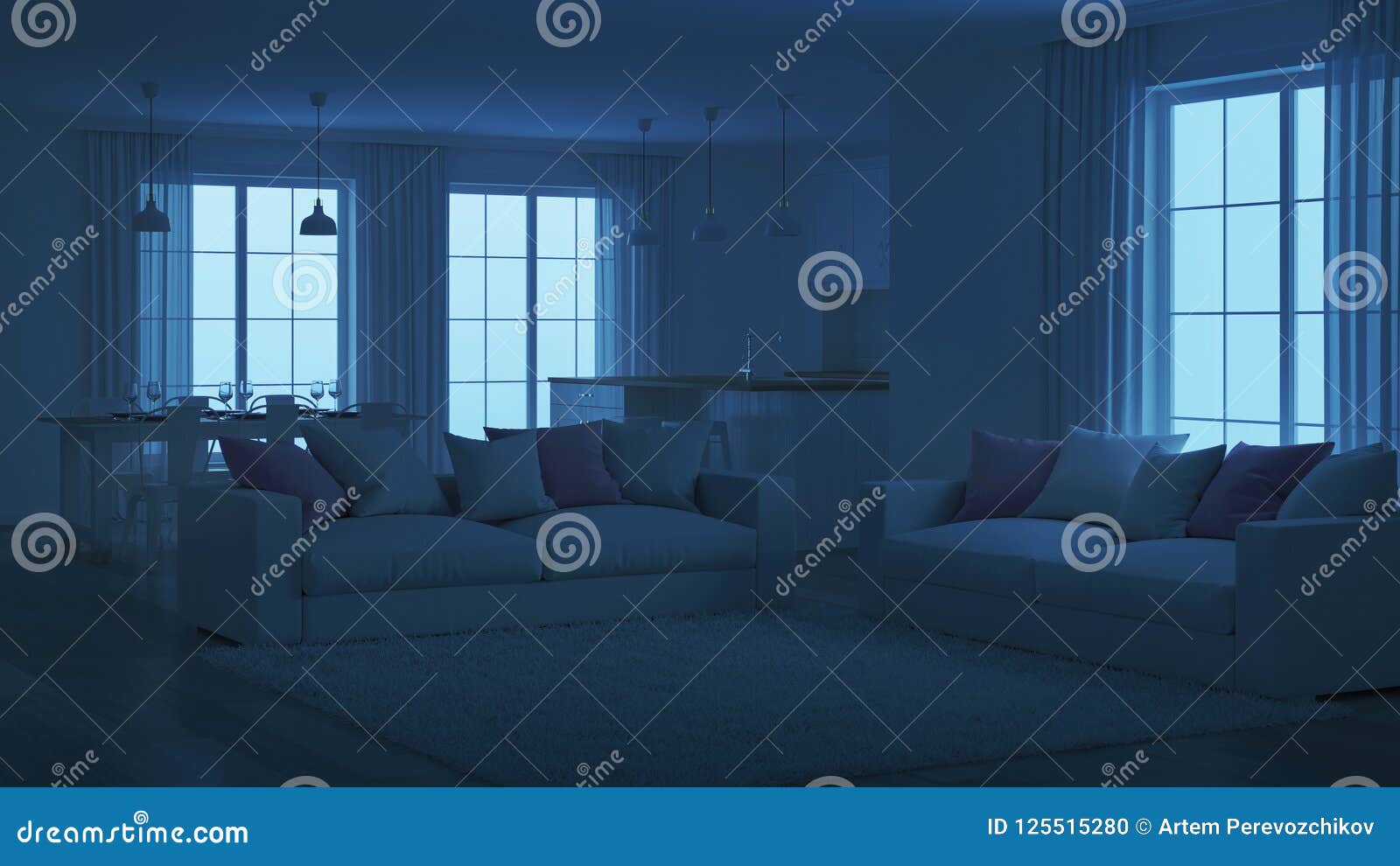 Modern House Interior. Evening Lighting. 3D Rendering. Stock ...