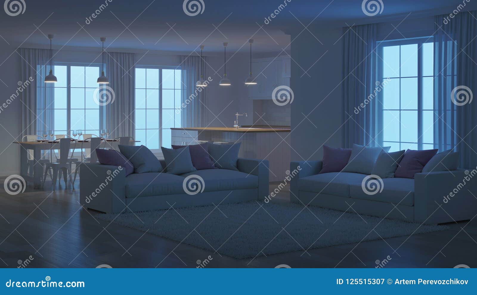 Modern House Interior. Evening Lighting. 3D Rendering. Stock ...