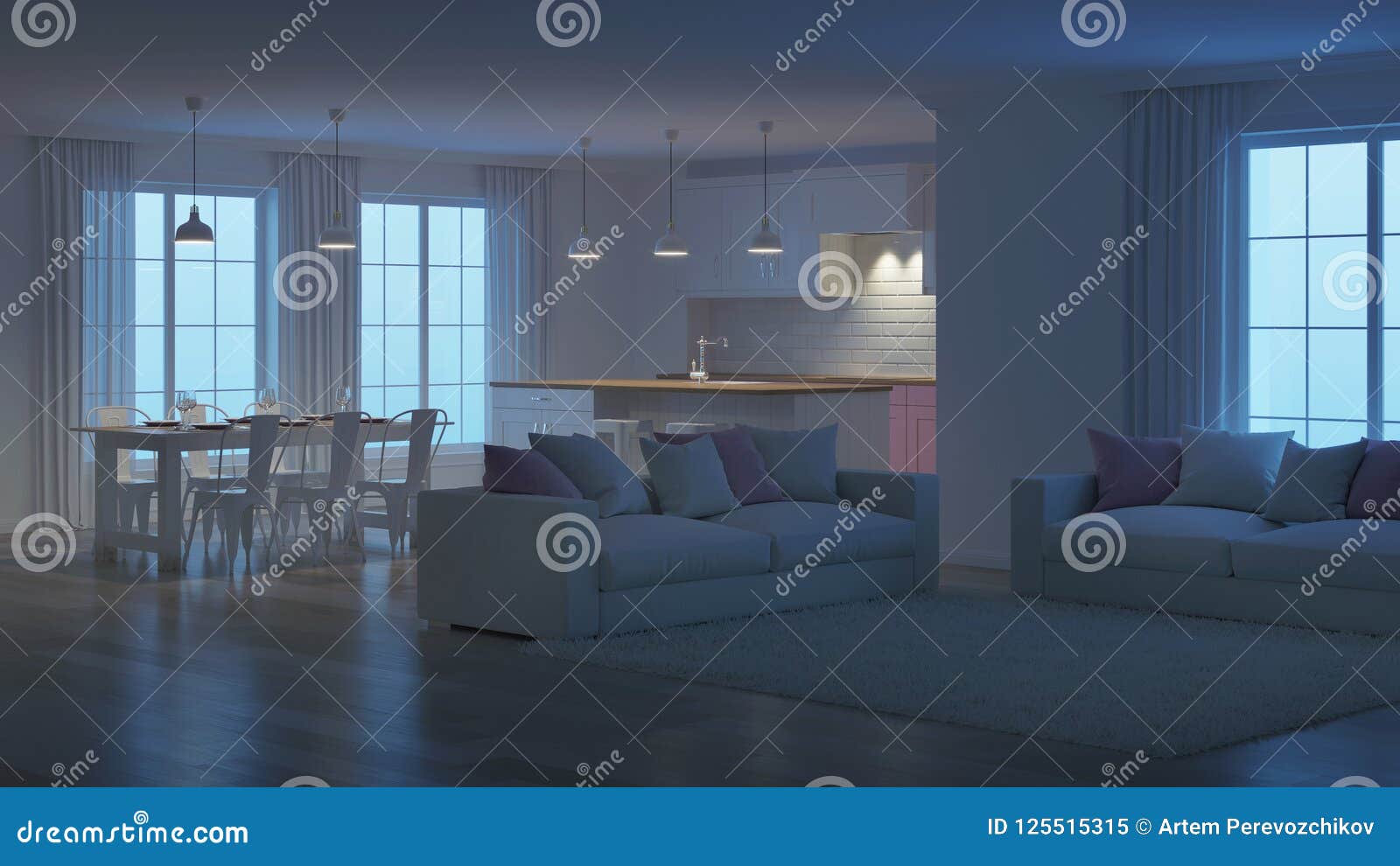 Modern House Interior. Evening Lighting. 3D Rendering. Stock ...