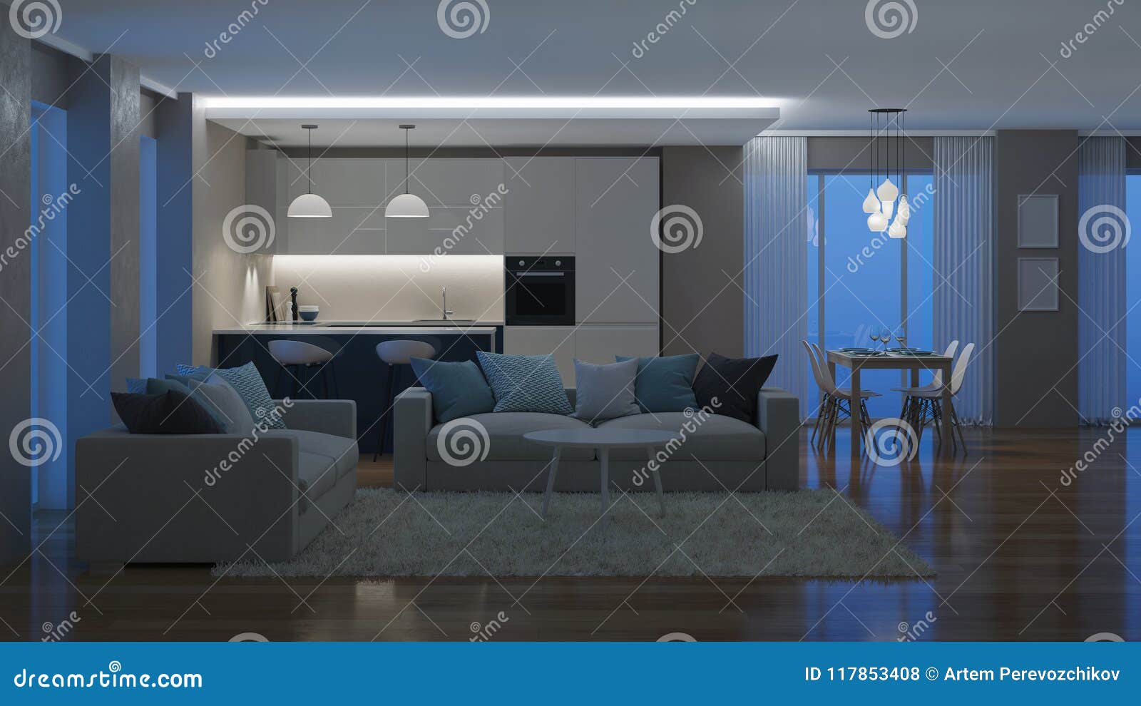 Modern House Interior. Evening Lighting. Night Stock Photo - Image of ...