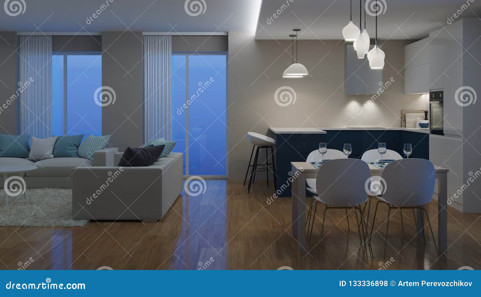 Modern House Interior. Evening Lighting. Night Stock Illustration ...