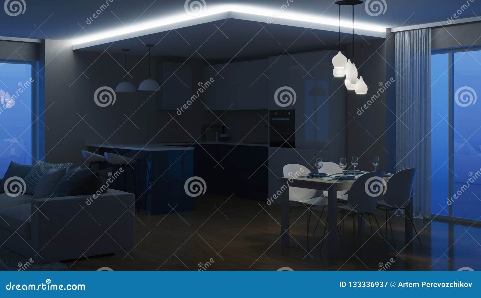 Modern House Interior. Evening Lighting. Night Stock Illustration ...