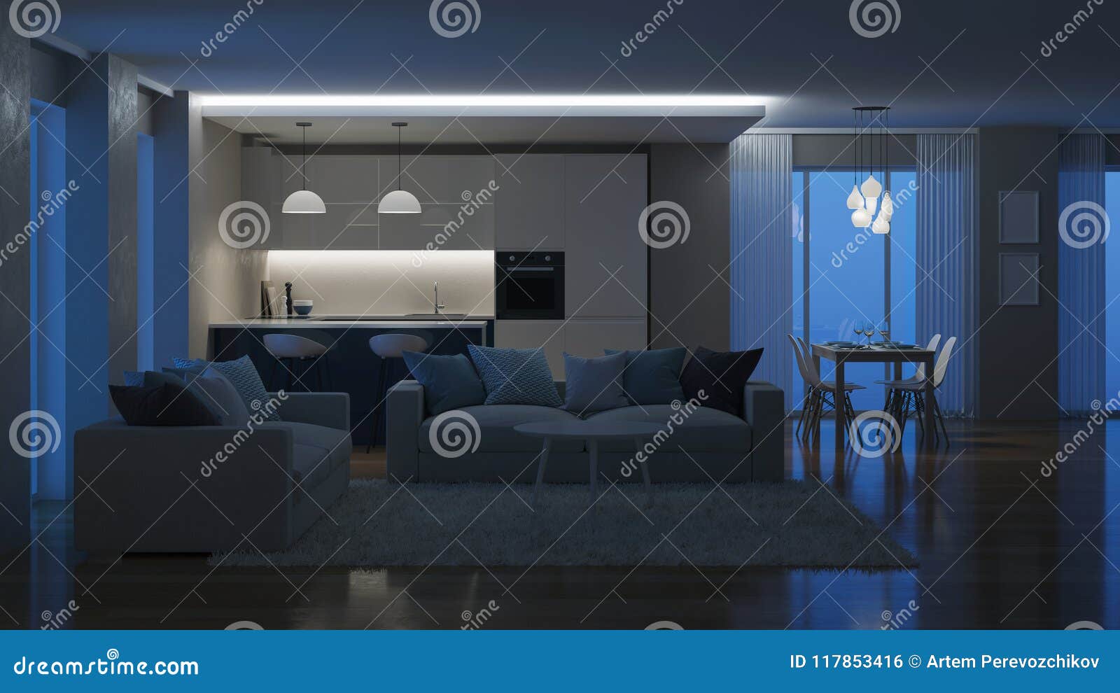 Modern House Interior. Evening Lighting. Night Stock Photo - Image of ...