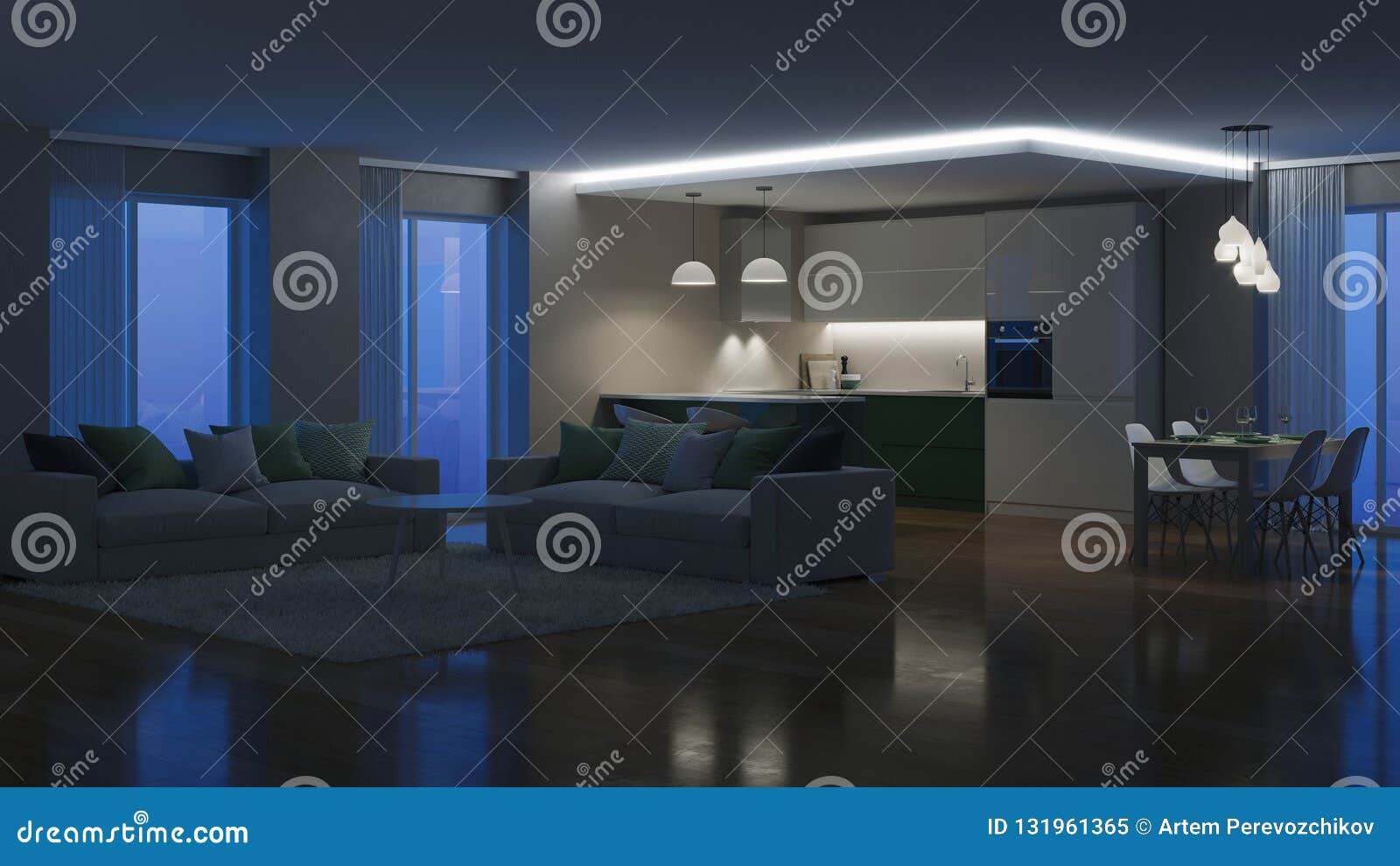 Modern House Interior. Evening Lighting. Night Stock Illustration ...