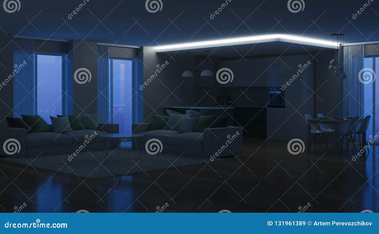Modern House Interior. Evening Lighting. Night Stock Illustration ...