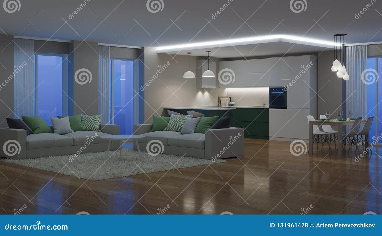 Modern House Interior. Evening Lighting. Night Stock Illustration ...