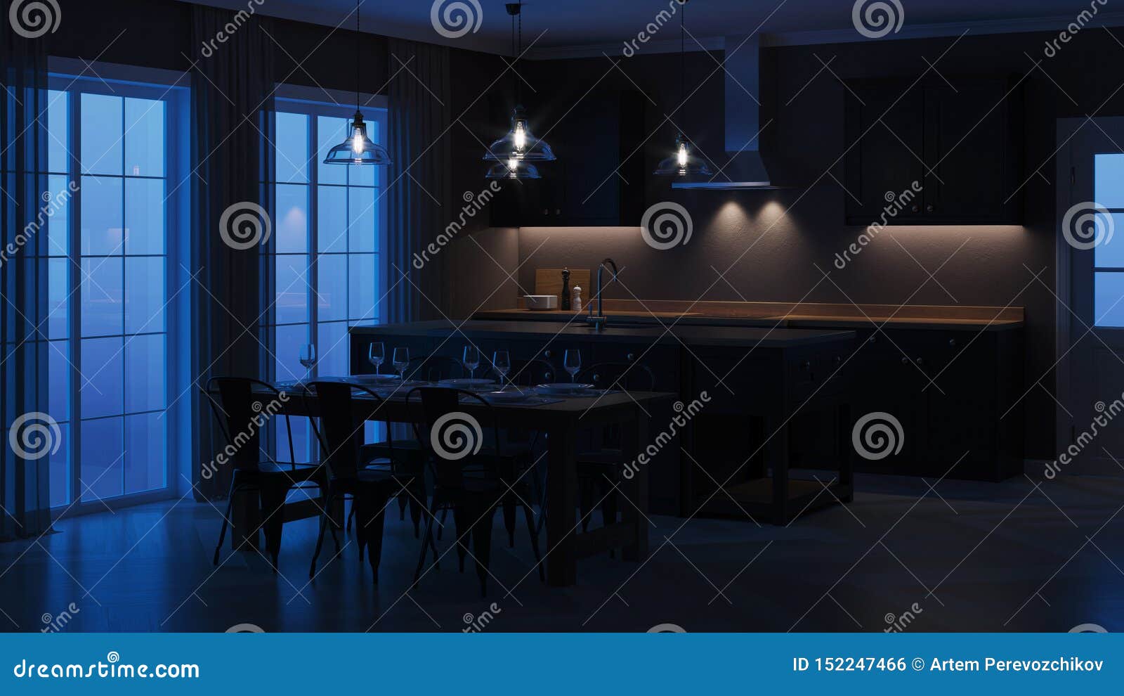 Modern House Interior. Interior with Black Kitchen. Night. Evening ...
