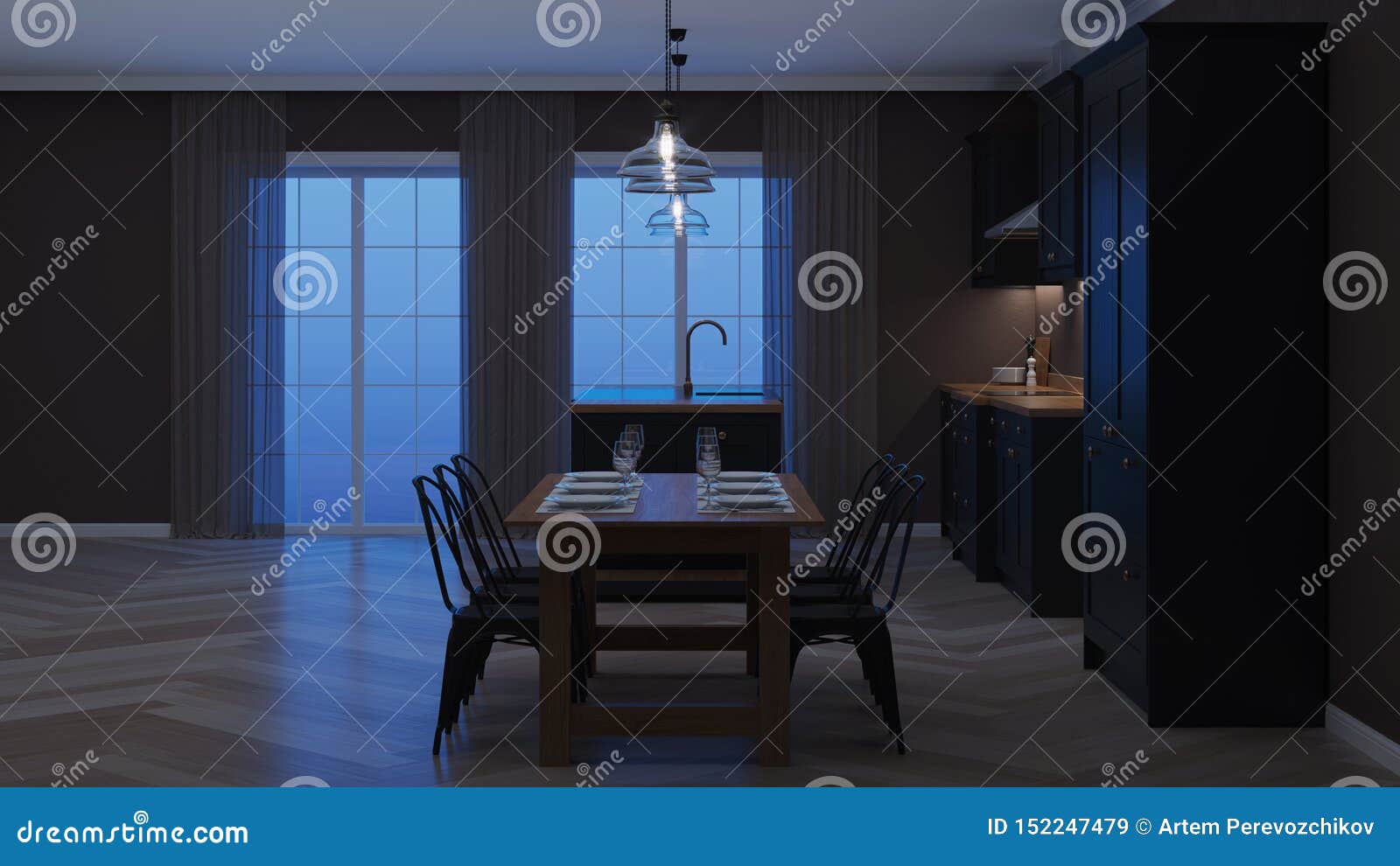 Modern House Interior. Interior with Black Kitchen. Night. Evening ...
