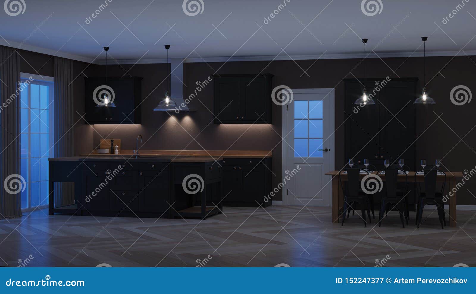 Modern House Interior. Interior with Black Kitchen. Night. Evening ...