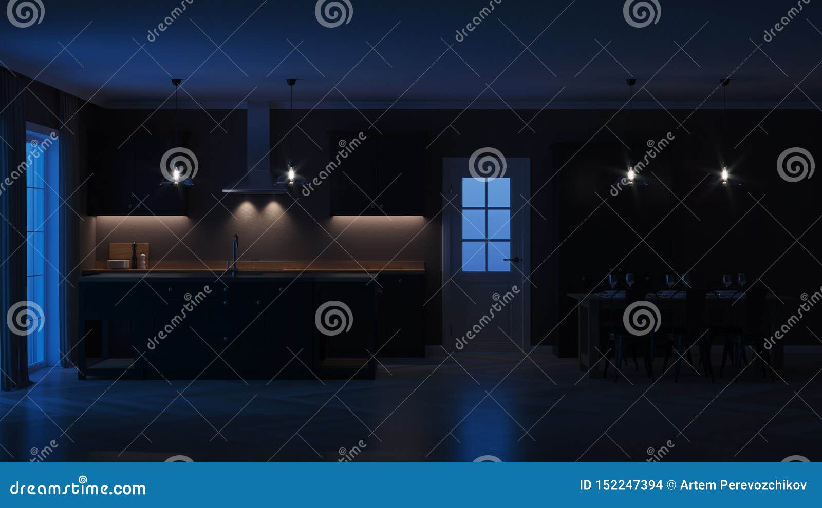 Modern House Interior. Interior with Black Kitchen. Night. Evening ...