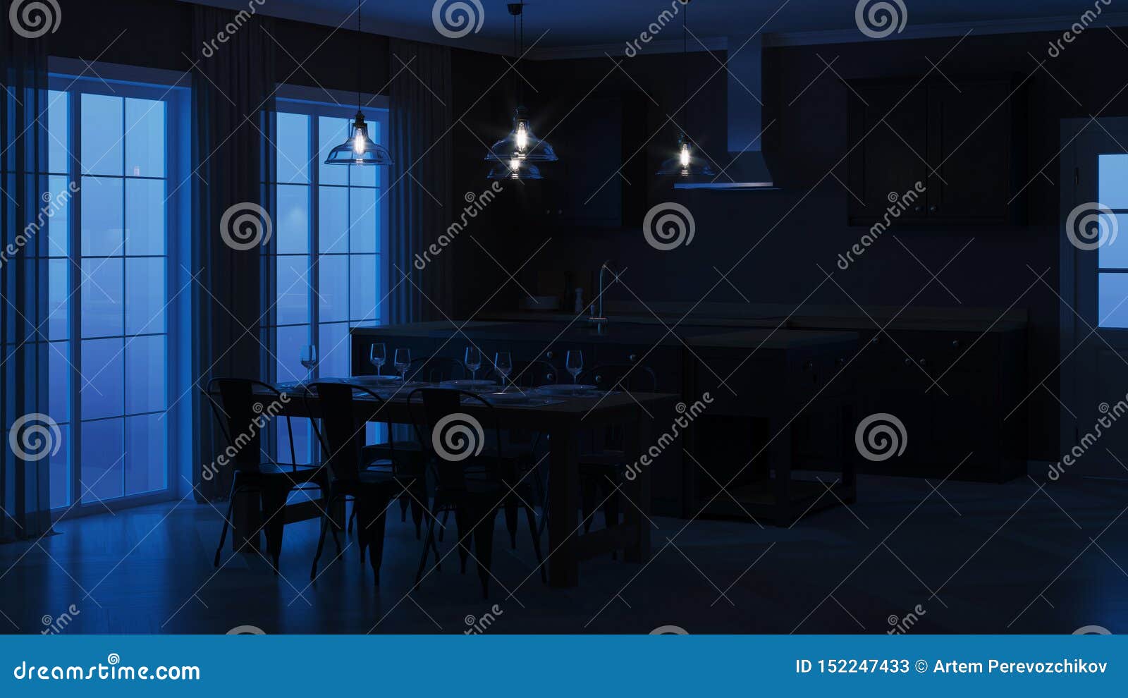 Modern House Interior. Interior with Black Kitchen. Night. Evening ...
