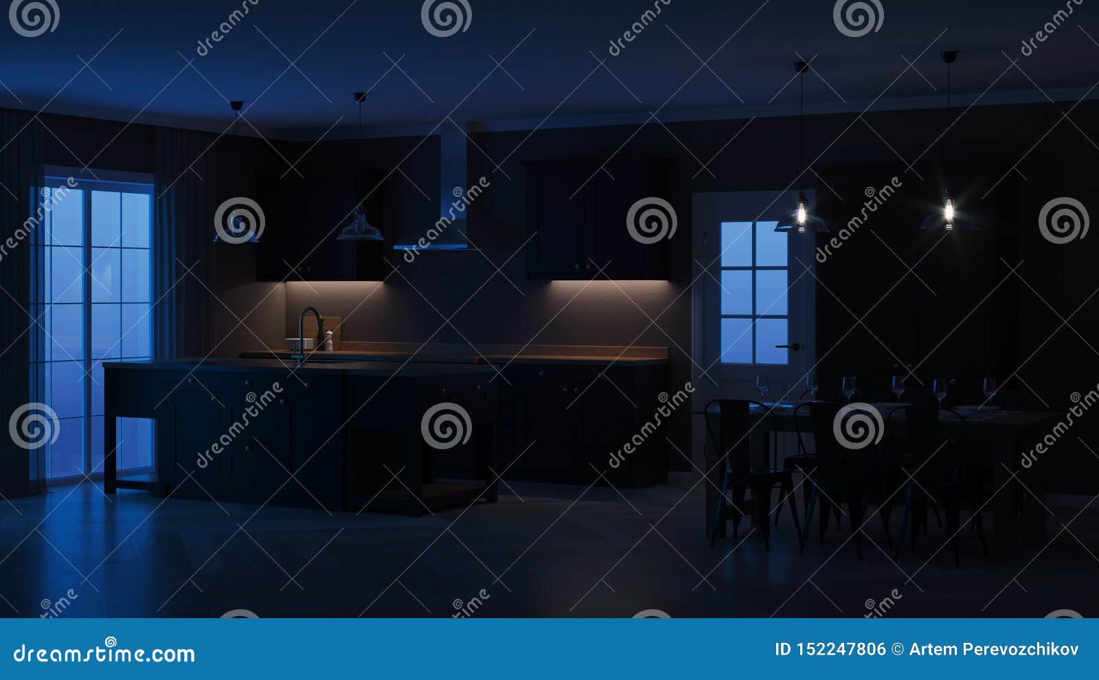 Modern House Interior. Interior with Black Kitchen. Night. Evening ...