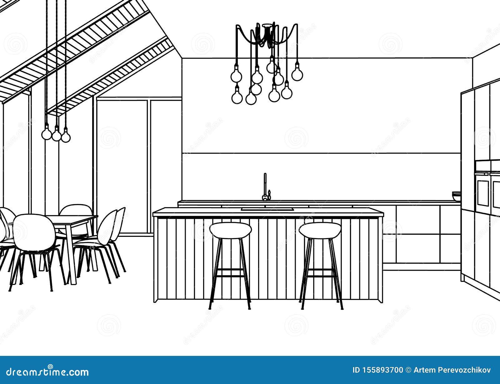 Modern House Interior. Linear Sketch of the Interior Stock Vector ...