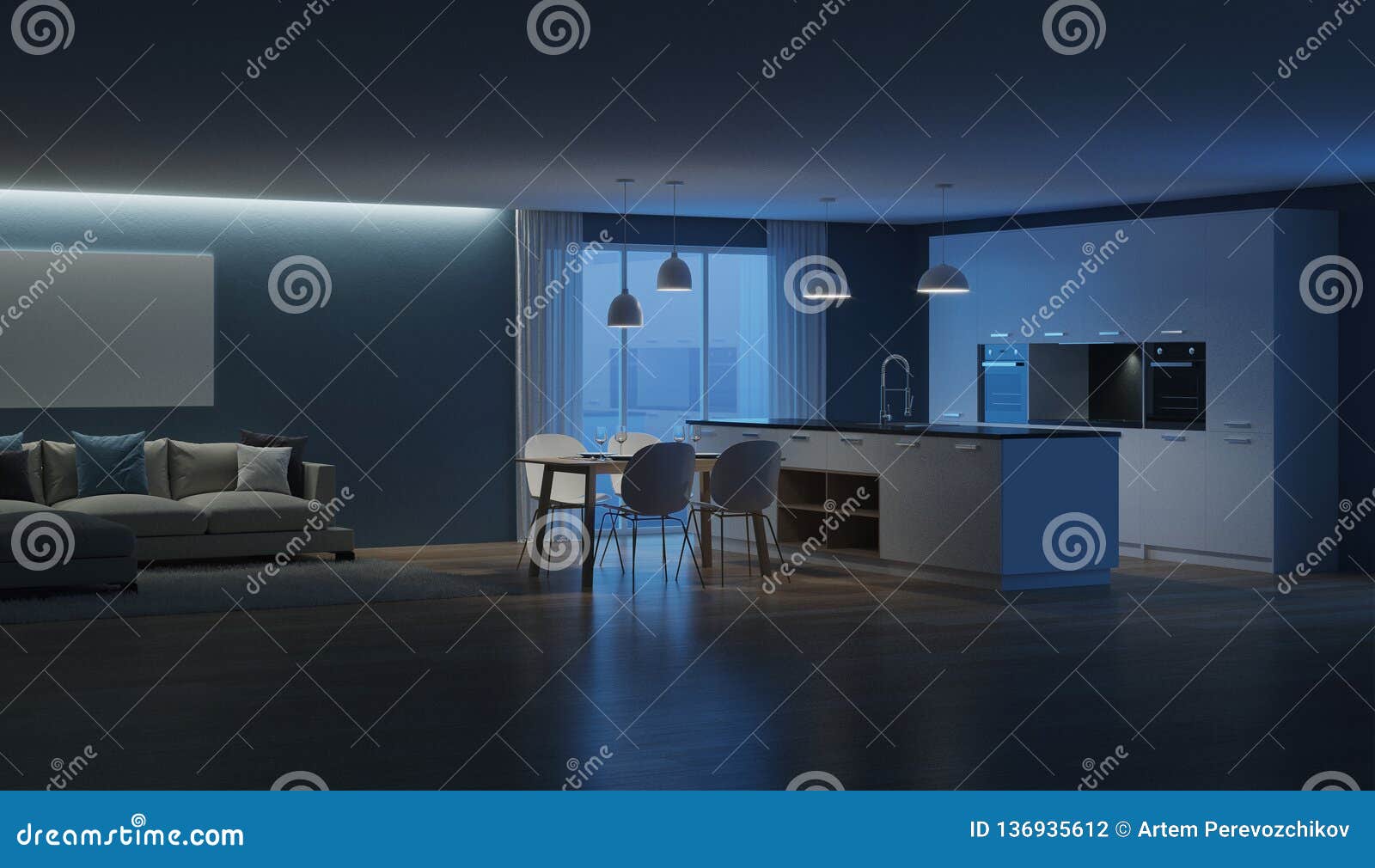 Modern House Interior. Night. Evening Lighting Stock Illustration ...