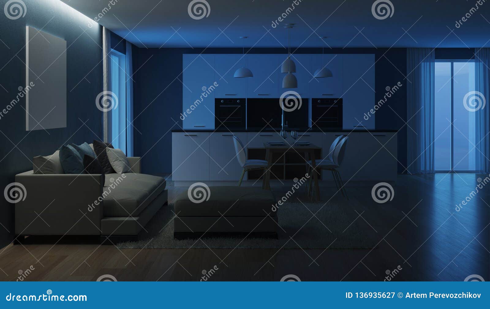 Modern House Interior. Night. Evening Lighting Stock Illustration ...