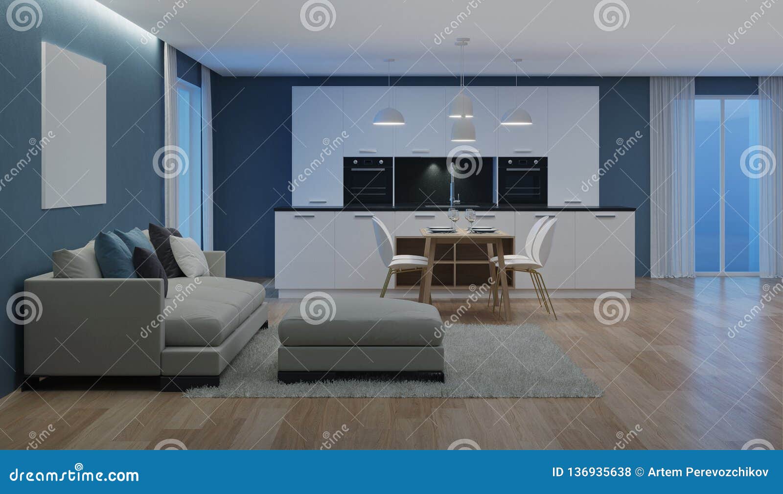 Modern House Interior. Night. Evening Lighting Stock Illustration ...