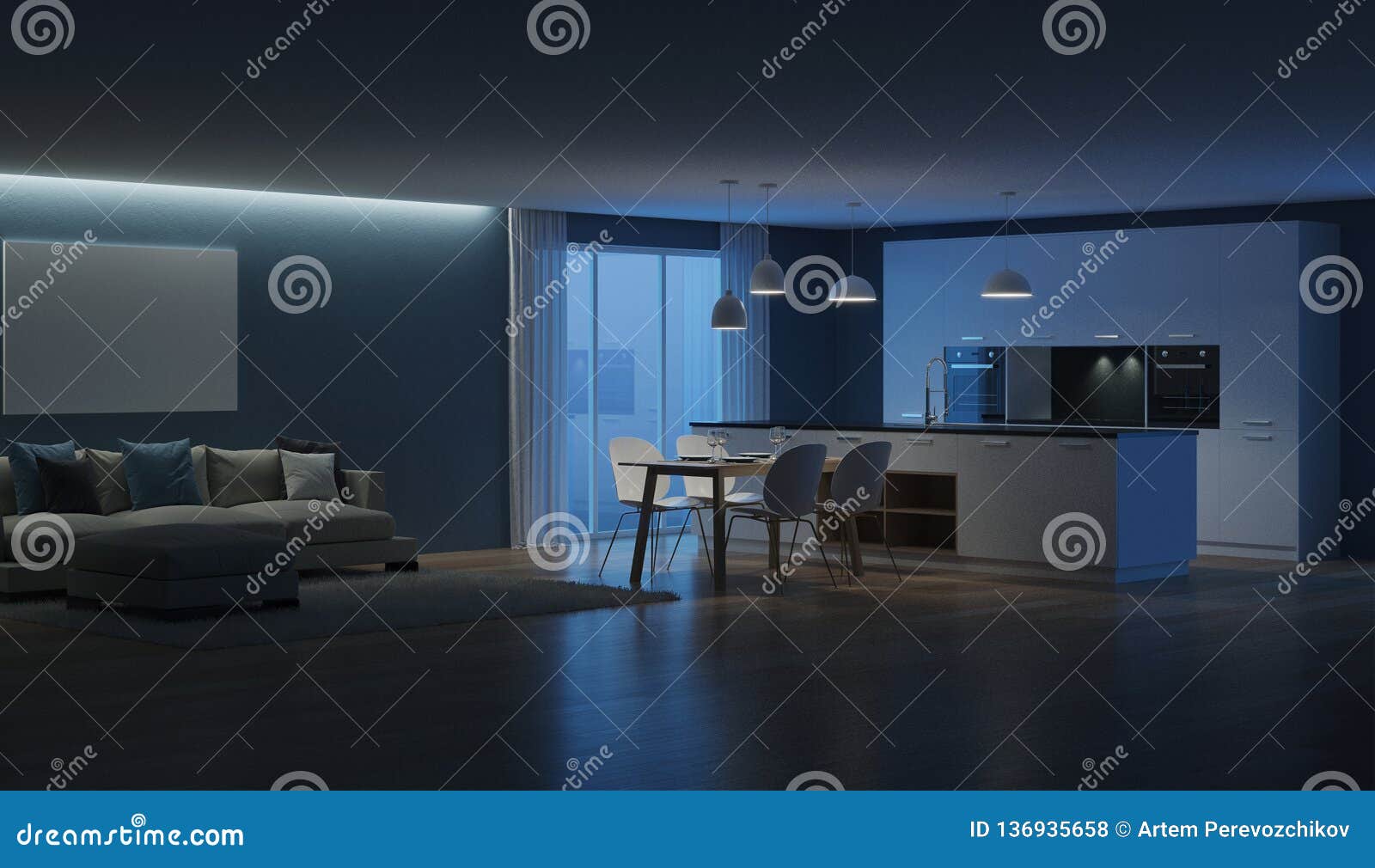 Modern House Interior. Night. Evening Lighting Stock Illustration ...