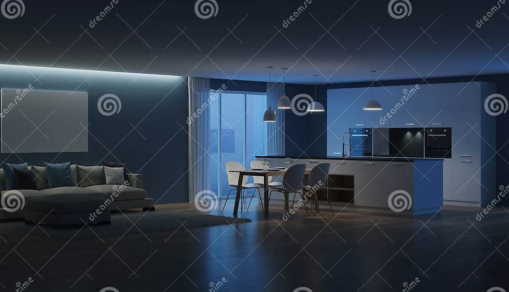 Modern House Interior. Night. Evening Lighting Stock Illustration ...