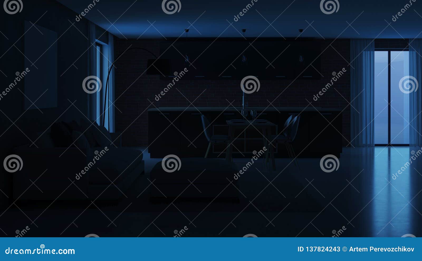 Modern House Interior. Night. Evening Lighting Stock Illustration ...