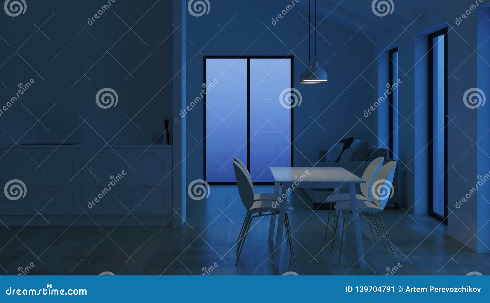 Modern House Interior. Night. Evening Lighting Stock Illustration ...