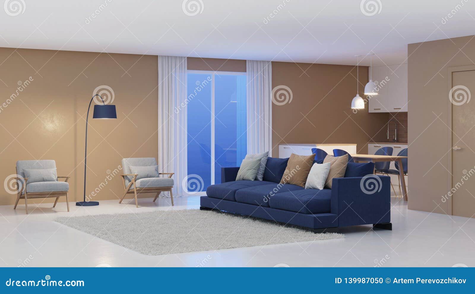 Modern House Interior. Night. Evening Lighting Stock Photo - Image of ...
