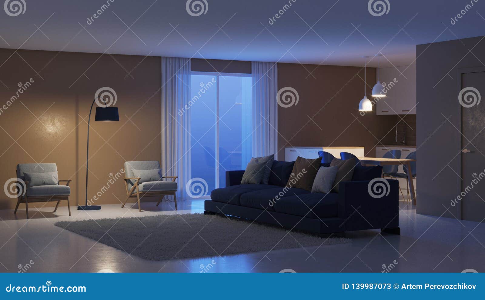 Modern House Interior. Night. Evening Lighting Stock Image - Image of ...