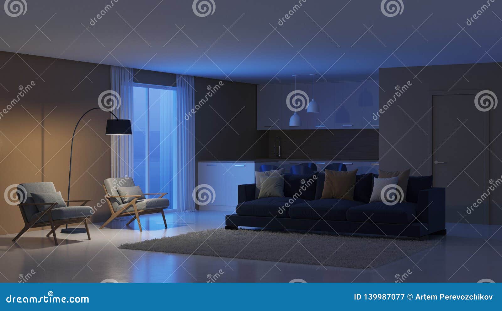 Modern House Interior. Night. Evening Lighting Stock Image - Image of ...