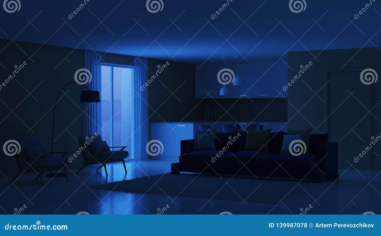 Modern House Interior. Night. Evening Lighting Stock Photo - Image of ...