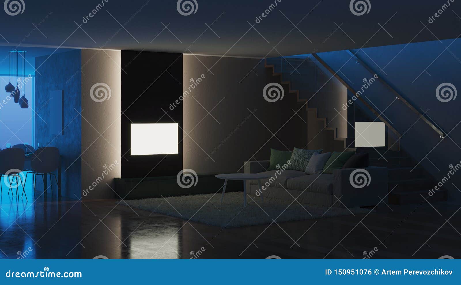 Modern House Interior. Night. Evening Lighting Stock Illustration ...