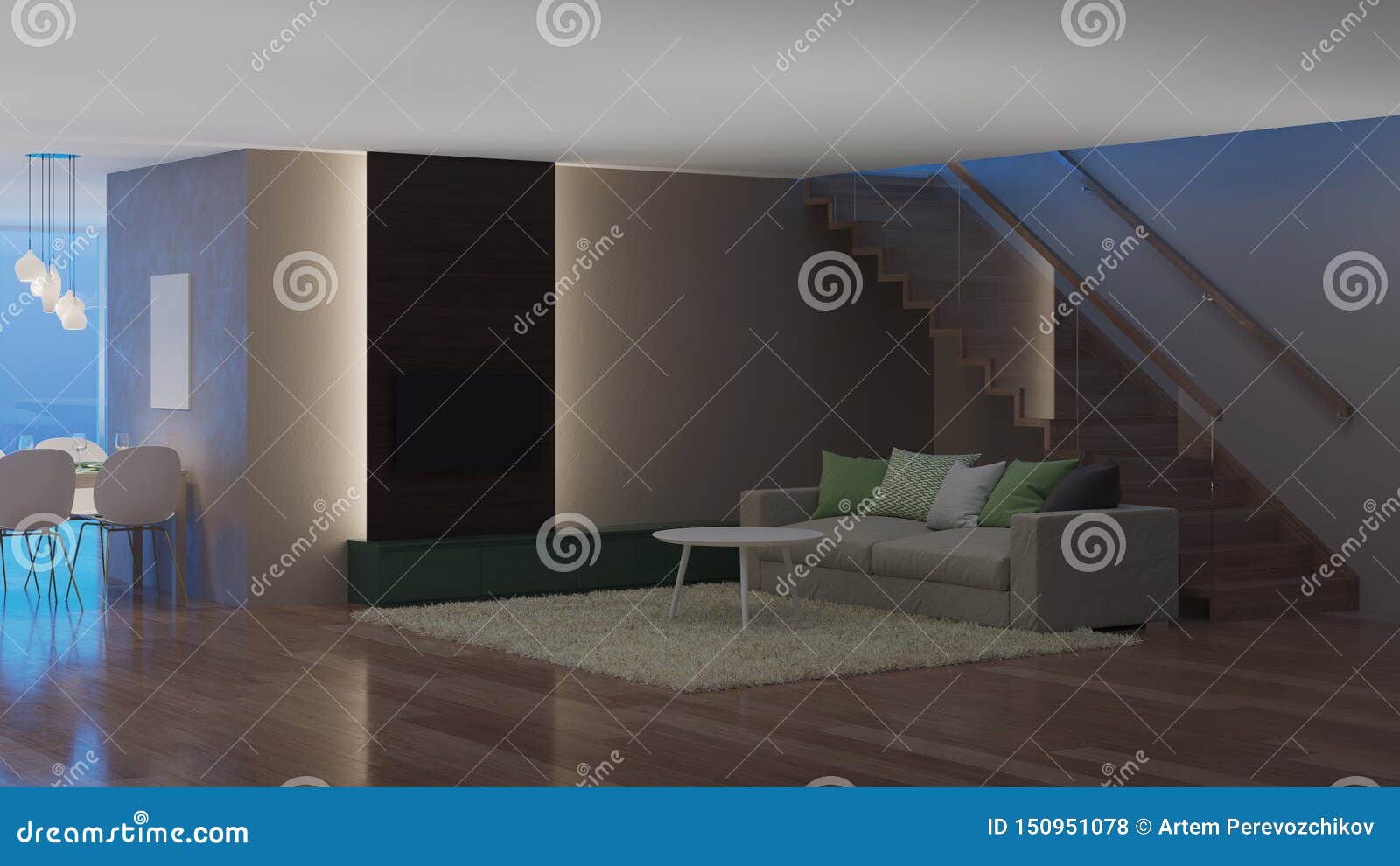 Modern House Interior. Night. Evening Lighting Stock Illustration ...