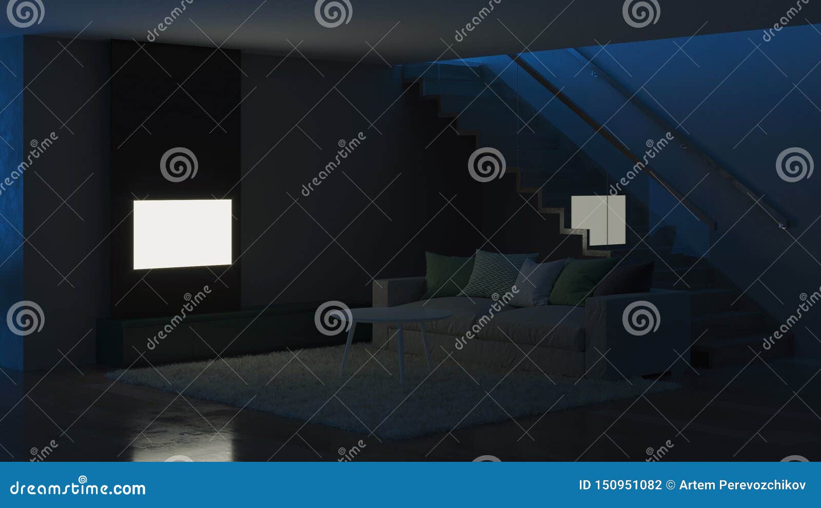 Modern House Interior. Night. Evening Lighting Stock Illustration ...
