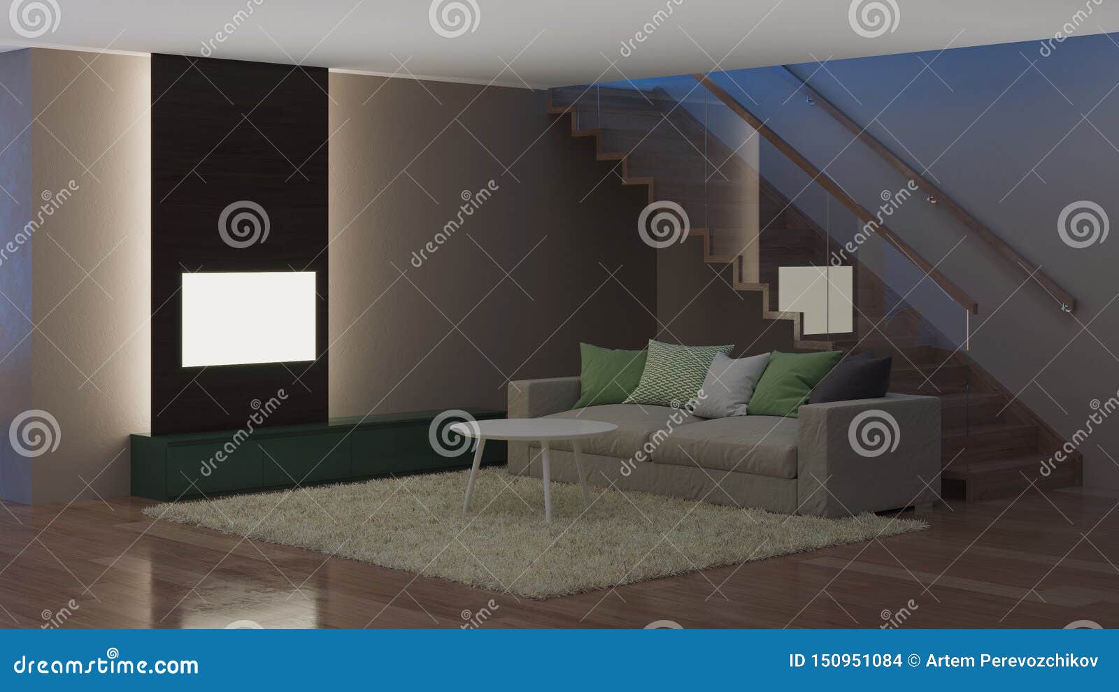 Modern House Interior. Night. Evening Lighting Stock Illustration ...