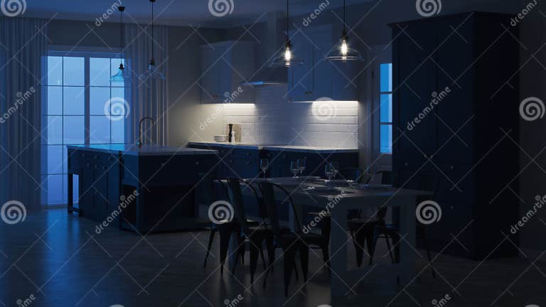 Modern House Interior. Night. Evening Lighting Stock Illustration ...