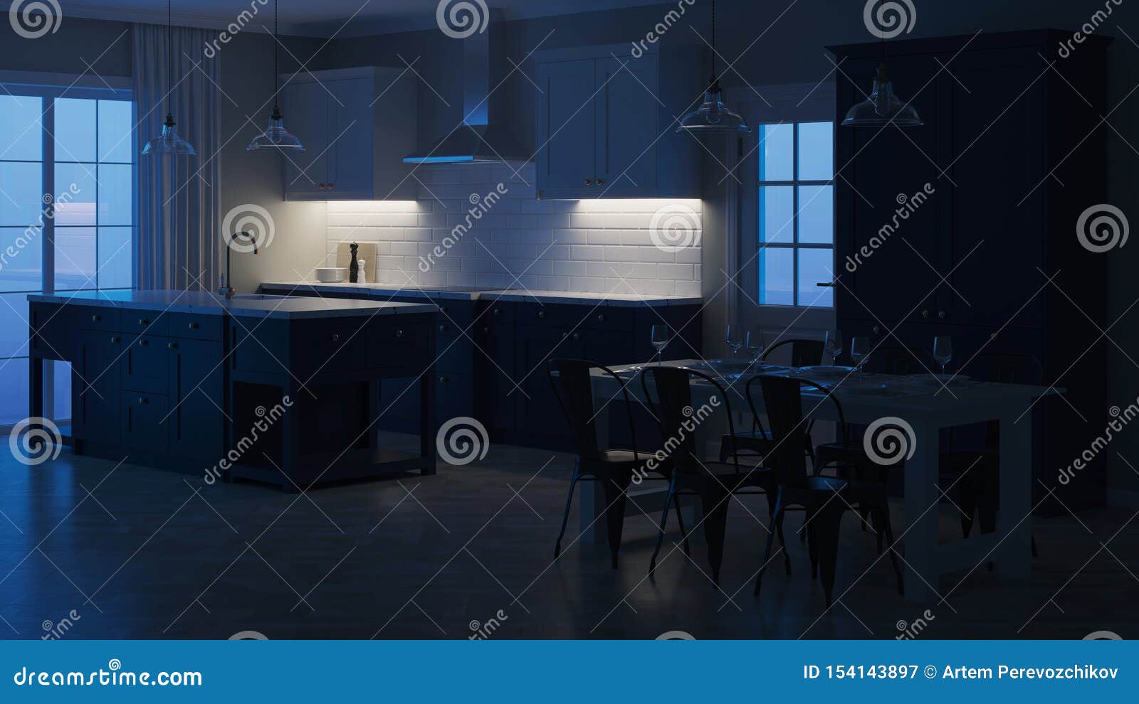 Modern House Interior. Night. Evening Lighting Stock Illustration ...