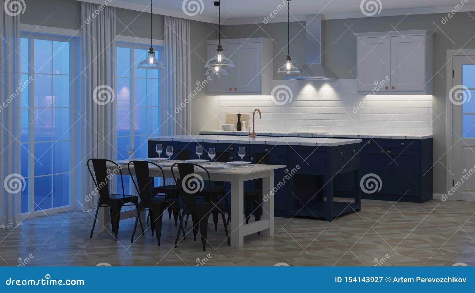 Modern House Interior. Night. Evening Lighting Stock Illustration ...