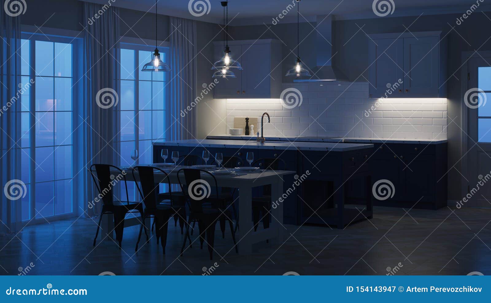 Modern House Interior. Night. Evening Lighting Stock Illustration ...