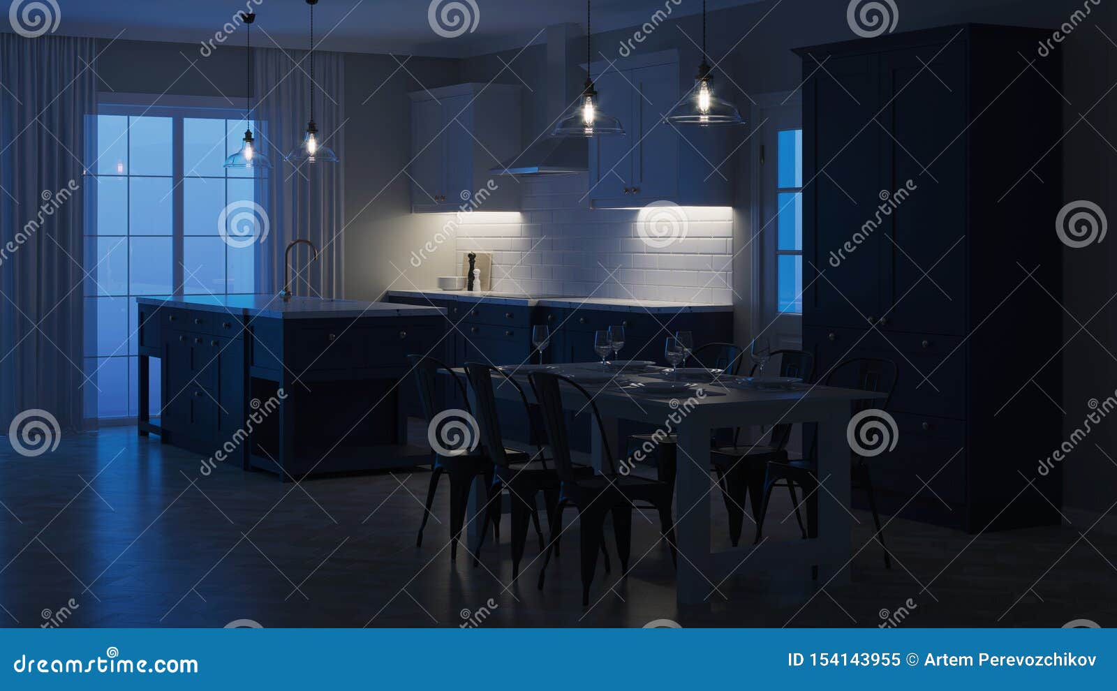 Modern House Interior. Night. Evening Lighting Stock Illustration ...