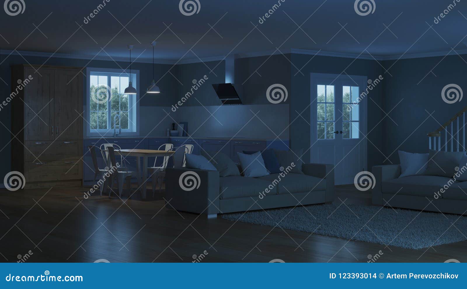 Modern House Interior. Night. Evening Lighting Stock Photo - Image of ...