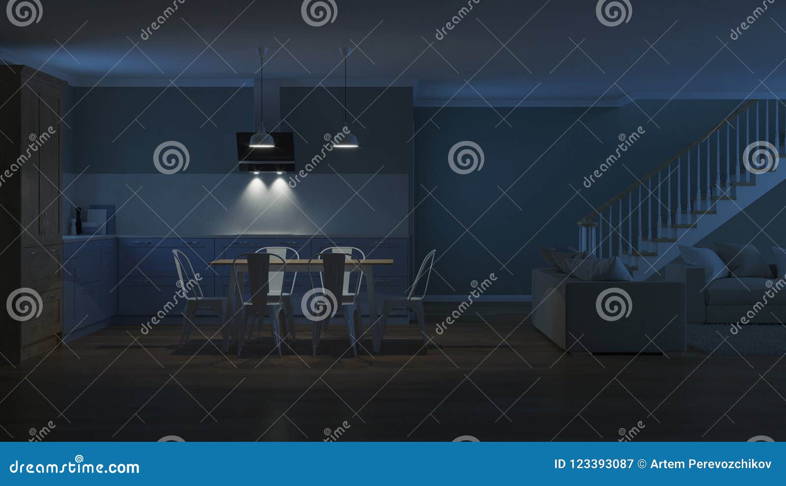 Modern House Interior. Night. Evening Lighting Stock Illustration ...